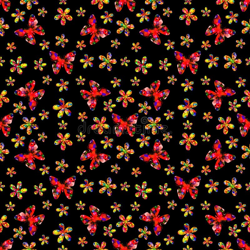 Seamless Pattern with Red Butterflies and Colorful Flowers Stock ...