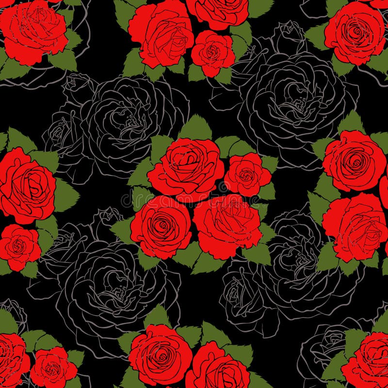 Seamless Pattern with Red Colored and Lined Roses Stock Vector ...
