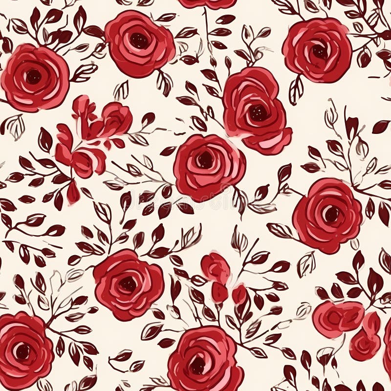 Classic Seamless Pattern with Red Floral Drawing Stock Illustration ...