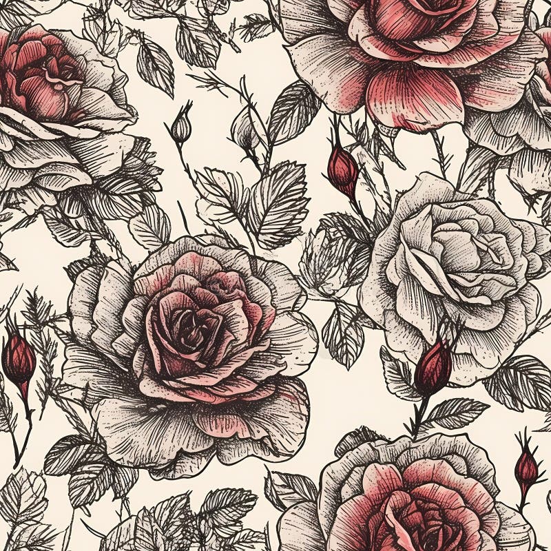 Classic Seamless Pattern with Red Floral Drawing Stock Illustration ...