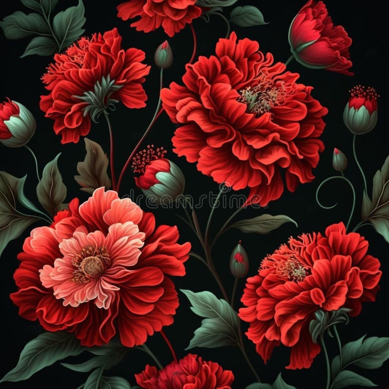 Seamless Pattern of Red Flowers on Black Background Stock Illustration ...