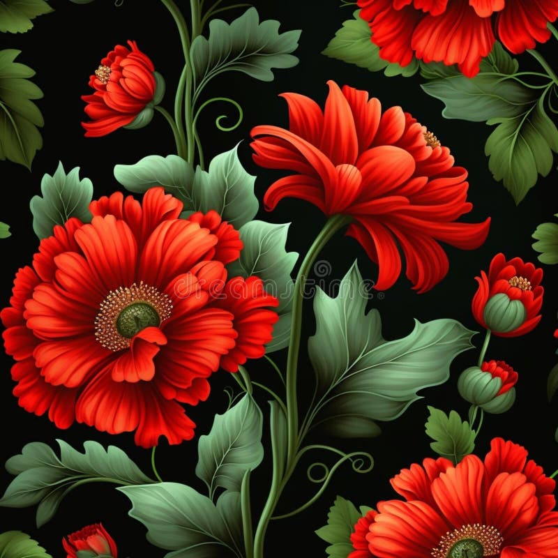 Seamless Pattern of Red Flowers on Black Background Stock Illustration ...
