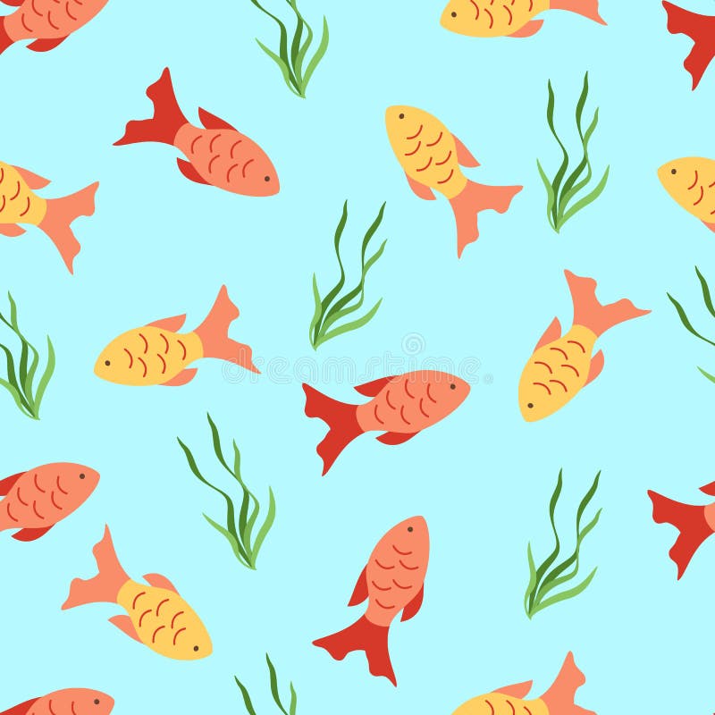 Seamless Pattern of Red and Gold Fish Swimming in Blue Water and Green ...