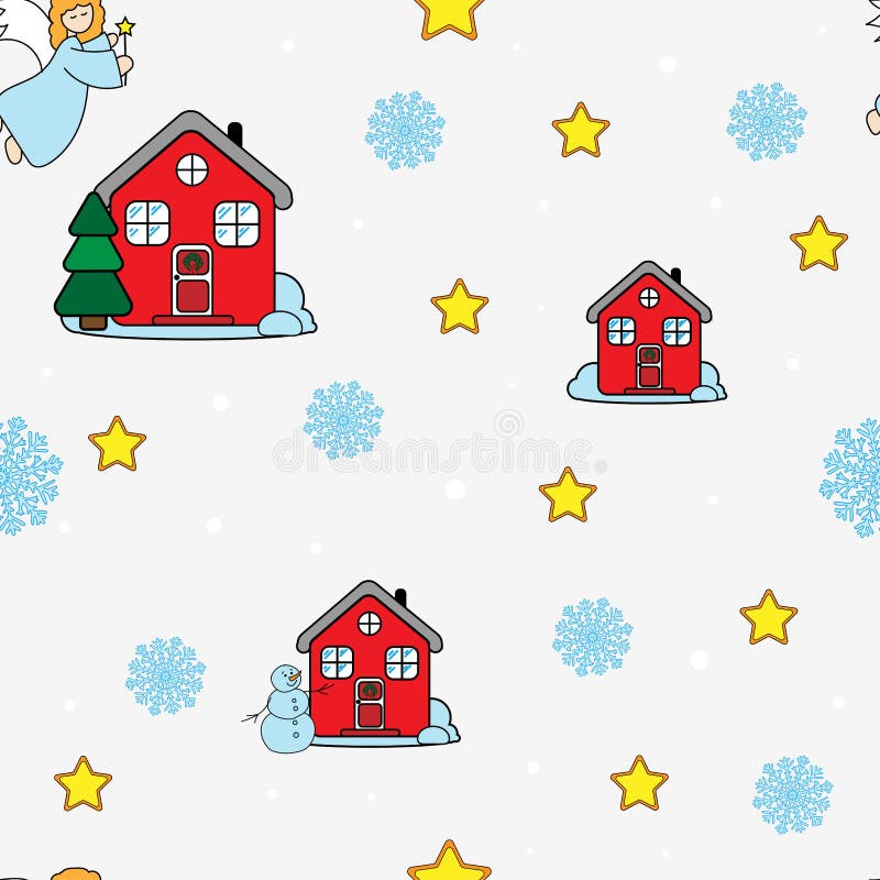 Seamless Pattern with Red Houses Stars and Angel Stock Vector ...