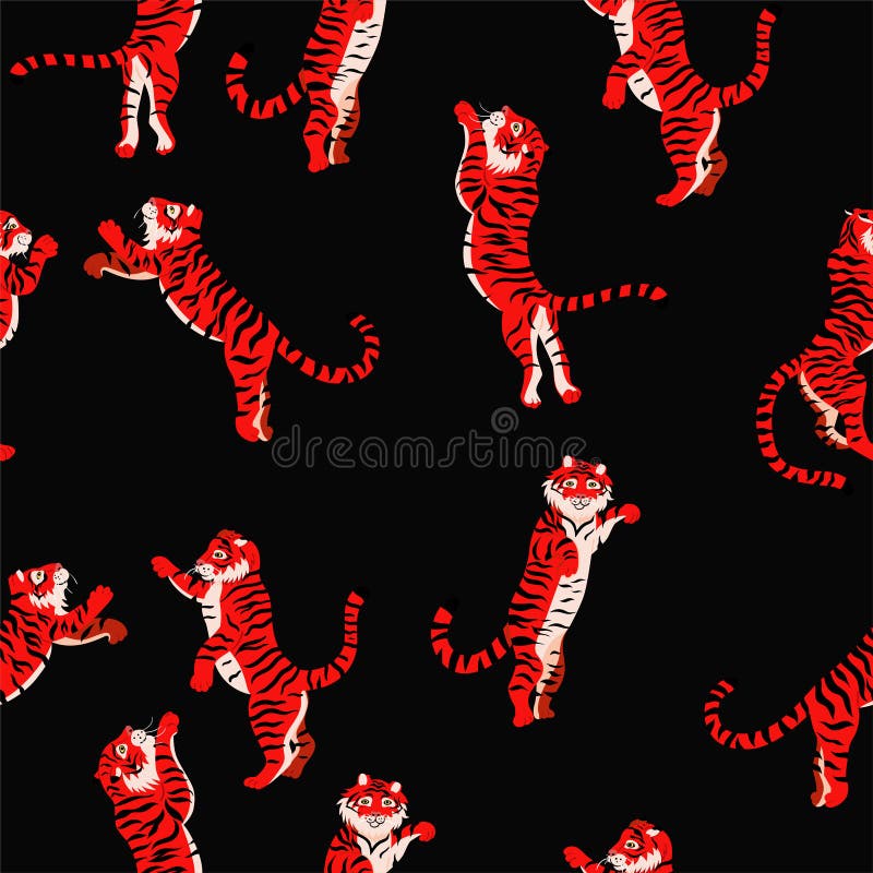 Seamless Pattern with Red Jumping Tigers on a Black Background. Vector ...
