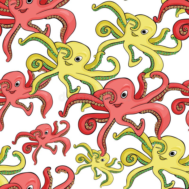 Seamless Pattern Red Octopus with a Smile Child. Vector Illustration ...