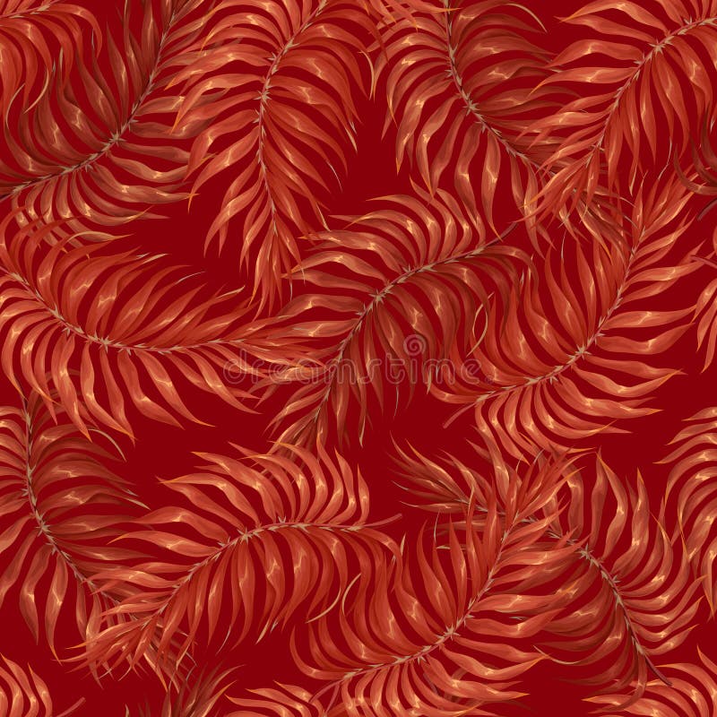 Seamless Pattern with Red Palm Leaves on the Red Background. Vector ...