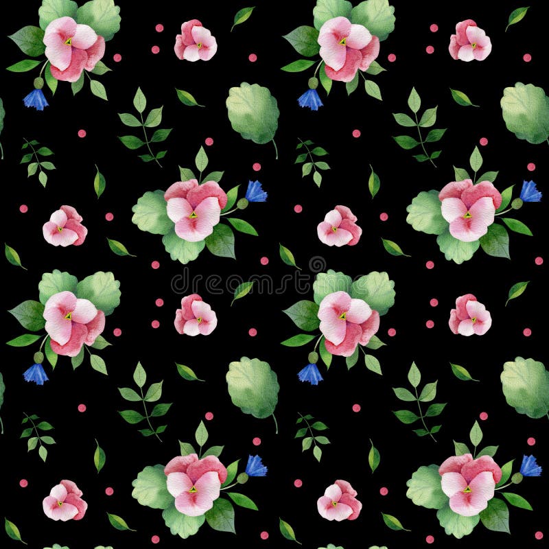 Seamless Pattern with Red Pansy and Green Leaves Stock Illustration ...