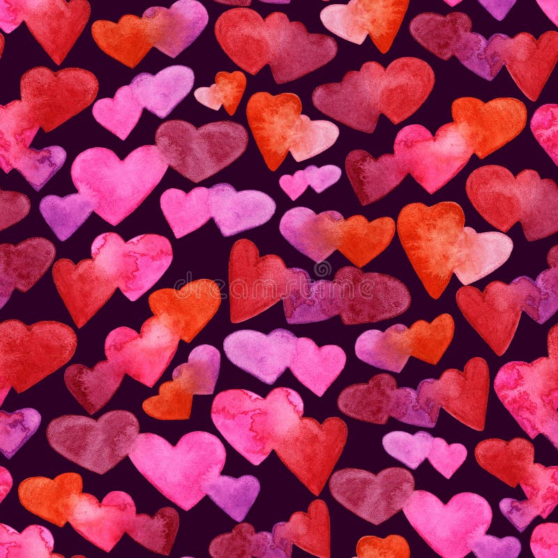 Seamless Pattern with Red, Pink and Violet Watercolor Hearts. Romantic ...