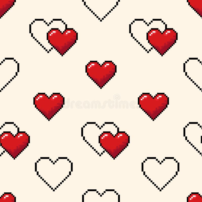 Seamless Pattern with Red Pixel Icons Hearts on Beige Background, 8 Bit ...