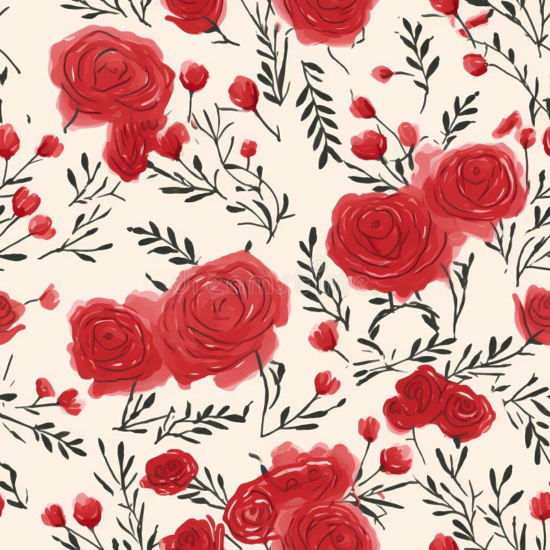 Classic Seamless Pattern with Red Rose Floral Drawing Stock ...