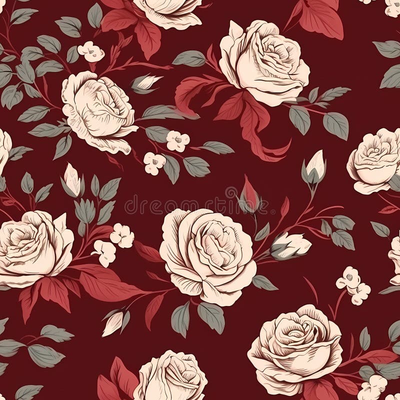 Classic Seamless Pattern with Red Rose Floral Drawing Stock ...