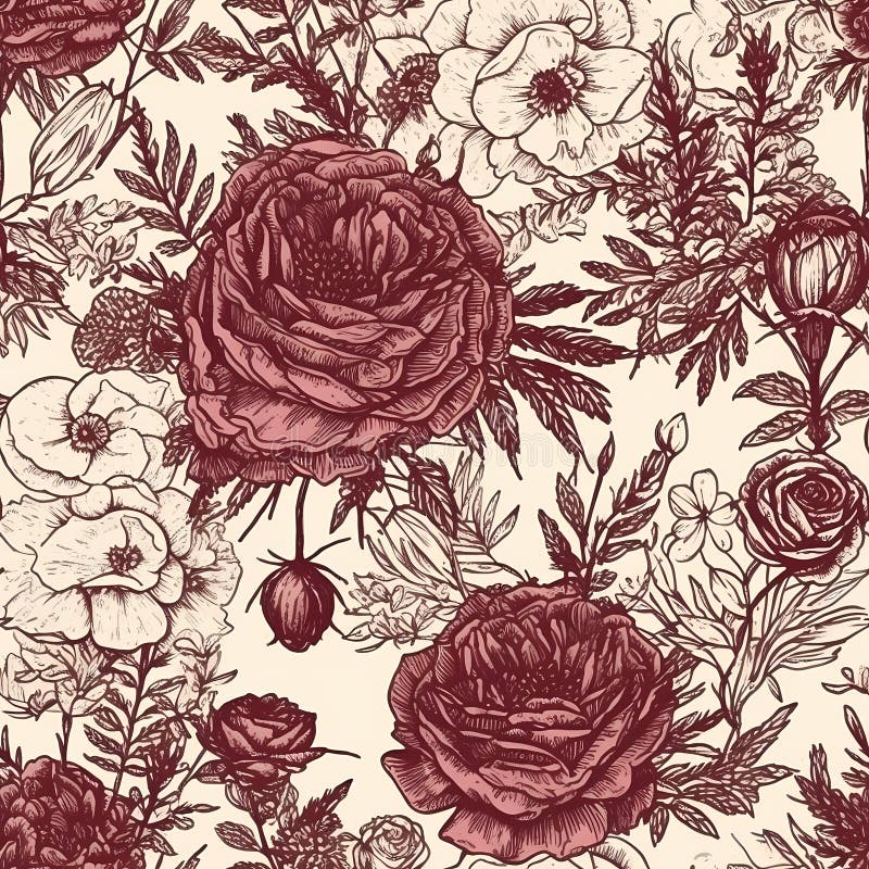Seamless Pattern with Red Rose Floral Drawing Stock Illustration ...