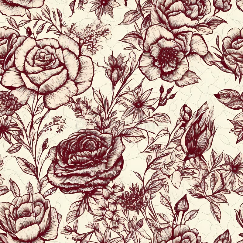 Seamless Pattern with Red Rose Floral Drawing Stock Illustration ...