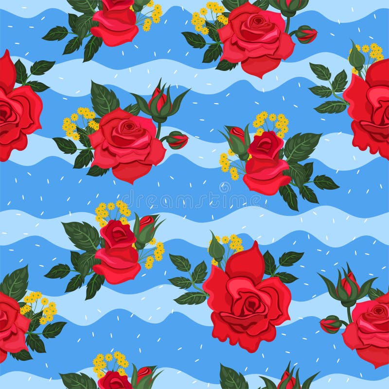Seamless Pattern with Red Roses on a Blue Background with Waves. Vector ...