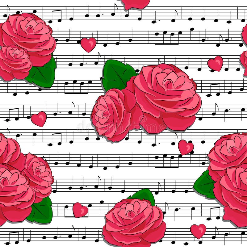 Seamless Pattern with the Red Roses and Music Notes. Stock Vector ...