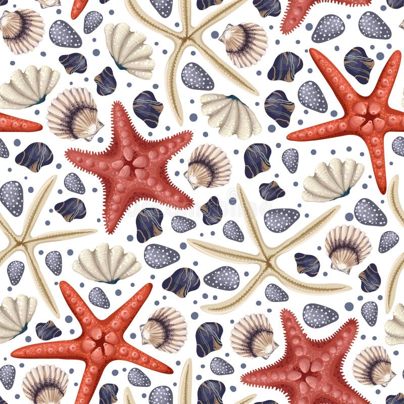 Seamless Pattern with Red Starfishes, Shells and Coral. Vector Trend ...