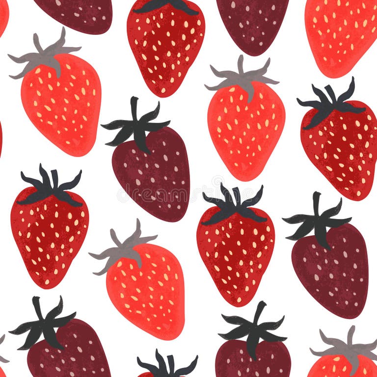 Seamless Pattern with Red Textured Strawberries. Hand-drawn Vector ...