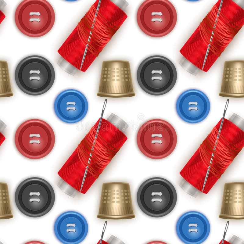 Seamless Pattern with with Red Thread, Needle, Buttons and Realistic ...