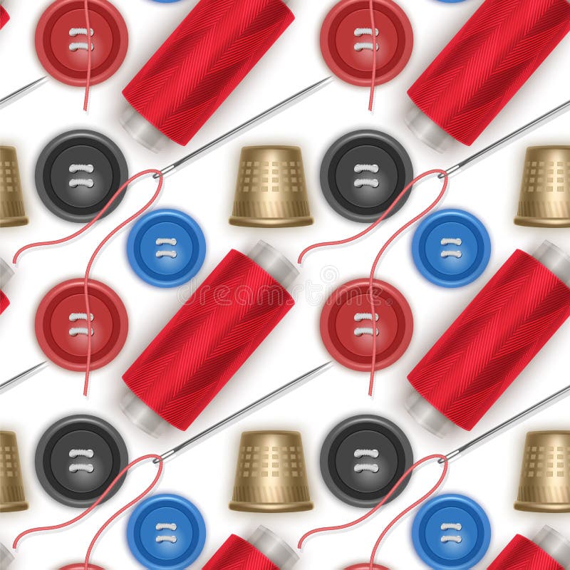 Seamless Pattern with with Red Thread, Needle, Buttons and Realistic ...