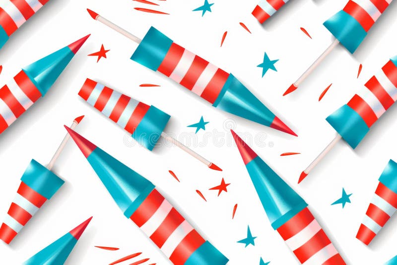 Seamless Pattern of Red, White and Blue Striped Rocket Firecrackers on ...
