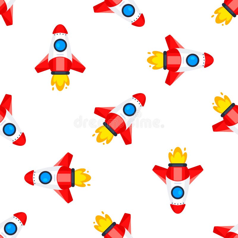 Seamless Pattern with Red and White Cartoon Rockets Launching into ...