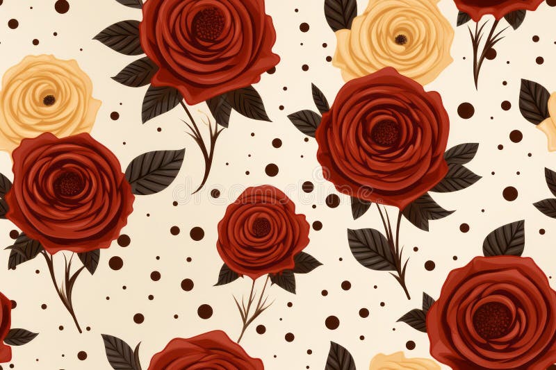 Seamless Pattern with Red and Yellow Roses on Polka Dot Background ...