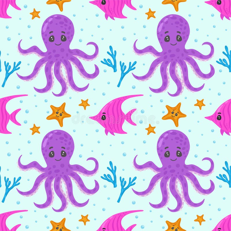 Seamless Pattern with Reef Fish, Octopus, Starfis Stock Vector ...