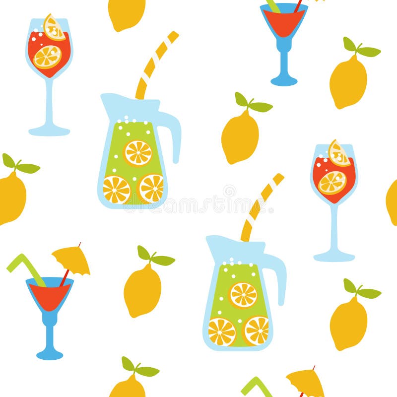 Seamless Pattern with Refreshing Drinks. Homemade Lemonade and Fruit ...