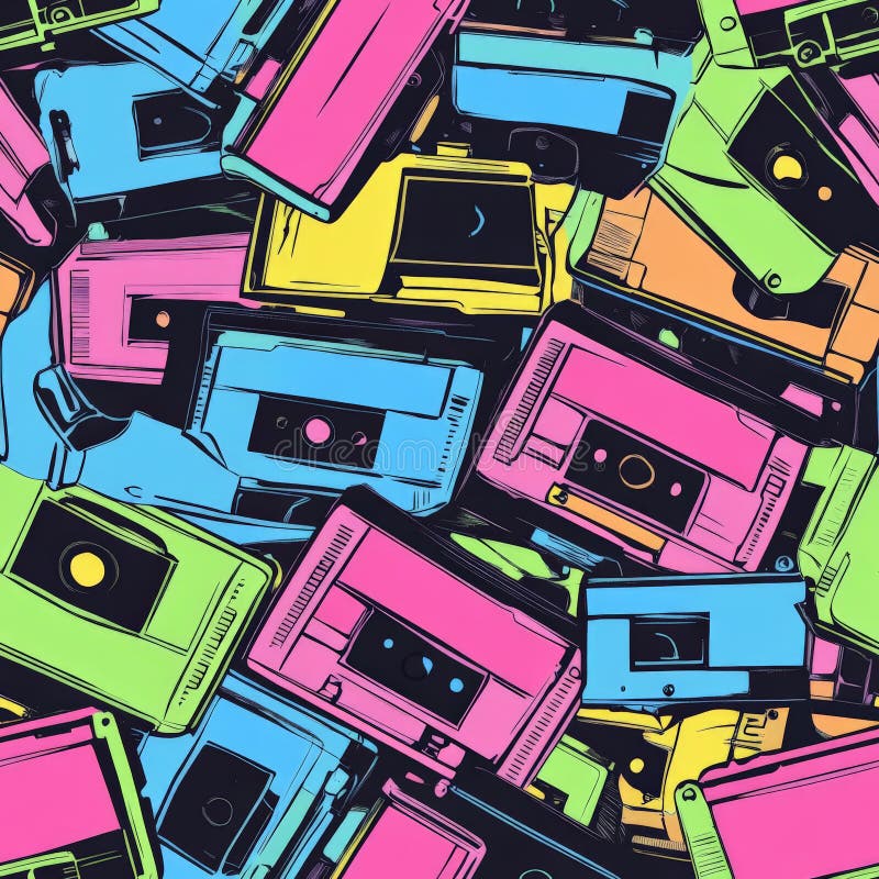 A Seamless Pattern of Retro Cassette Tapes in Neon Colors, Giving a ...
