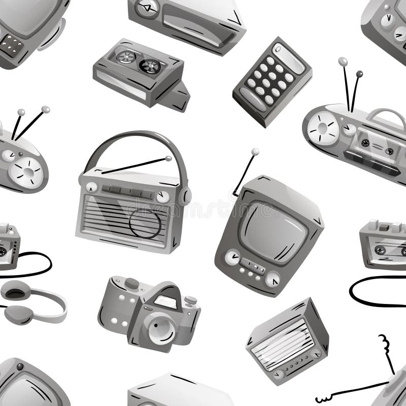 Seamless Pattern with Retro Devices in Grayscale. Stock Vector ...