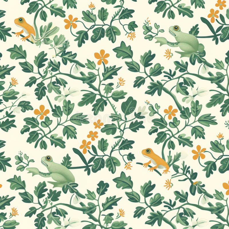 Seamless Pattern of Retro Green and Orange Wildflowers for Cottagecore ...