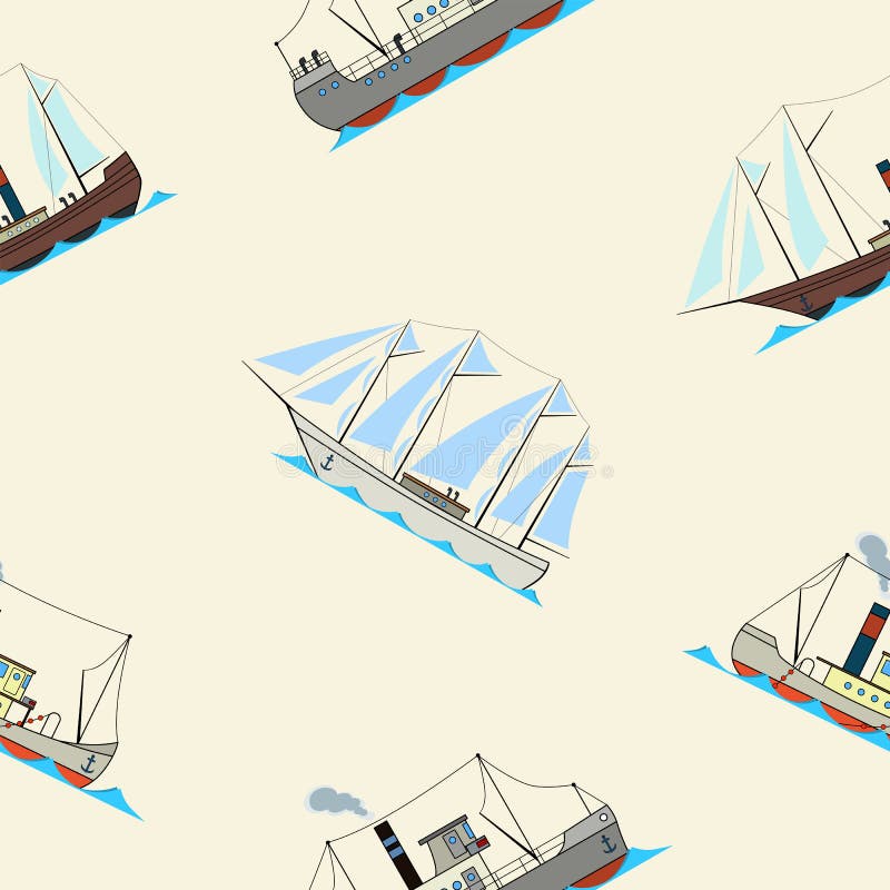 Seamless Pattern with Retro Ships in Cartoon Style on Beige Background ...