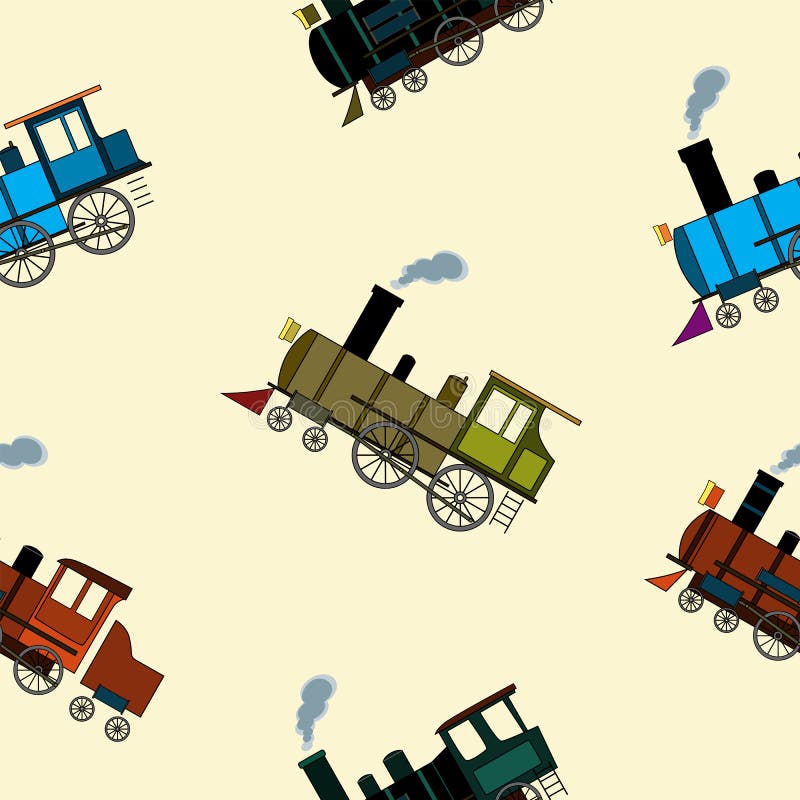 Seamless Pattern with Retro Steam Trains in Cartoon Style on Beige ...