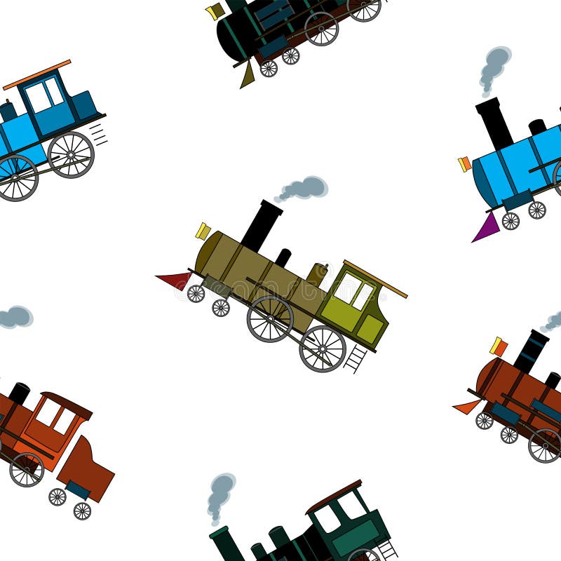 Seamless Pattern with Retro Steam Trains in Cartoon Style Onwhite ...