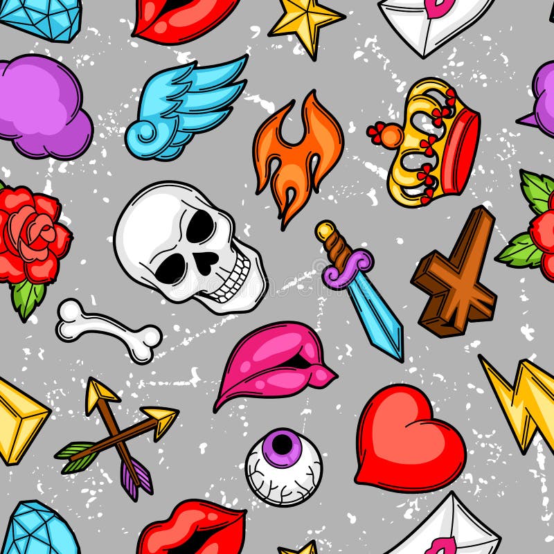 Seamless Pattern with Retro Tattoo Symbols. Cartoon Old School ...