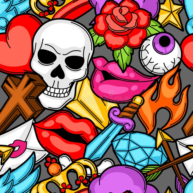 Seamless Pattern with Retro Tattoo Symbols. Cartoon Old School ...