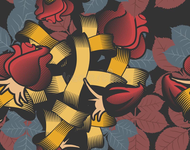 Seamless Pattern Ribbons and Roses Stock Vector - Illustration of ...