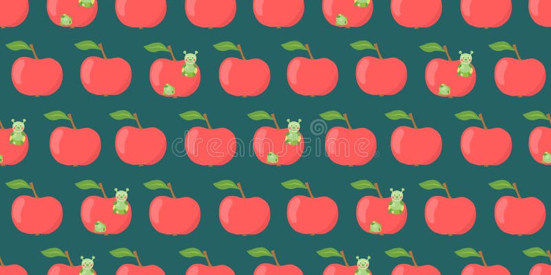 Seamless Pattern with Ripe Red Apples and Cute Caterpillar, Funny ...