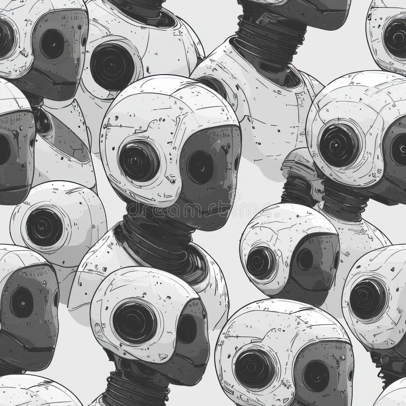 Seamless Pattern of Robot Heads Simple Line Art Style, Showcasing ...