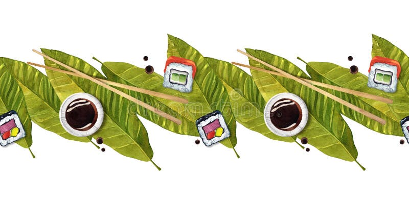 Seamless Pattern Roll, Maki Sushi and Soy Sauce. Horizontal Border ...