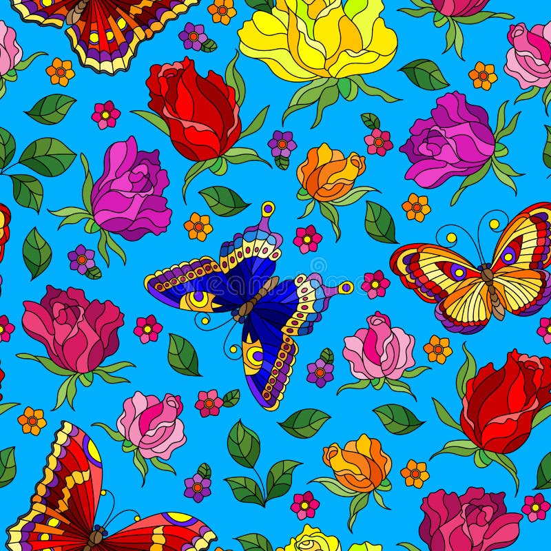 Seamless Pattern with Rose Flowers and Butterflies, Bright Flowers and ...