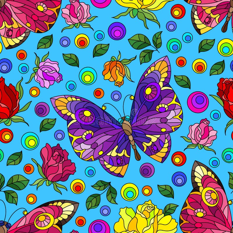 Seamless Illustration with Rose Flowers and Butterflies, Bright Flowers ...