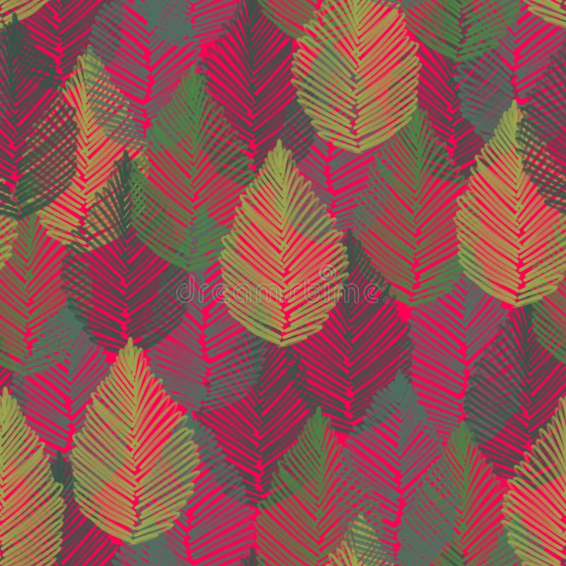 Seamless Pattern of Rose Leaves Drawn in Hatching Technique in Vibrant ...