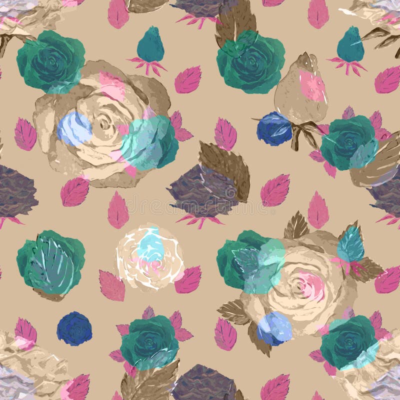Seamless Pattern with Roses, Leaves and Rosebuds, Bright Illustration ...