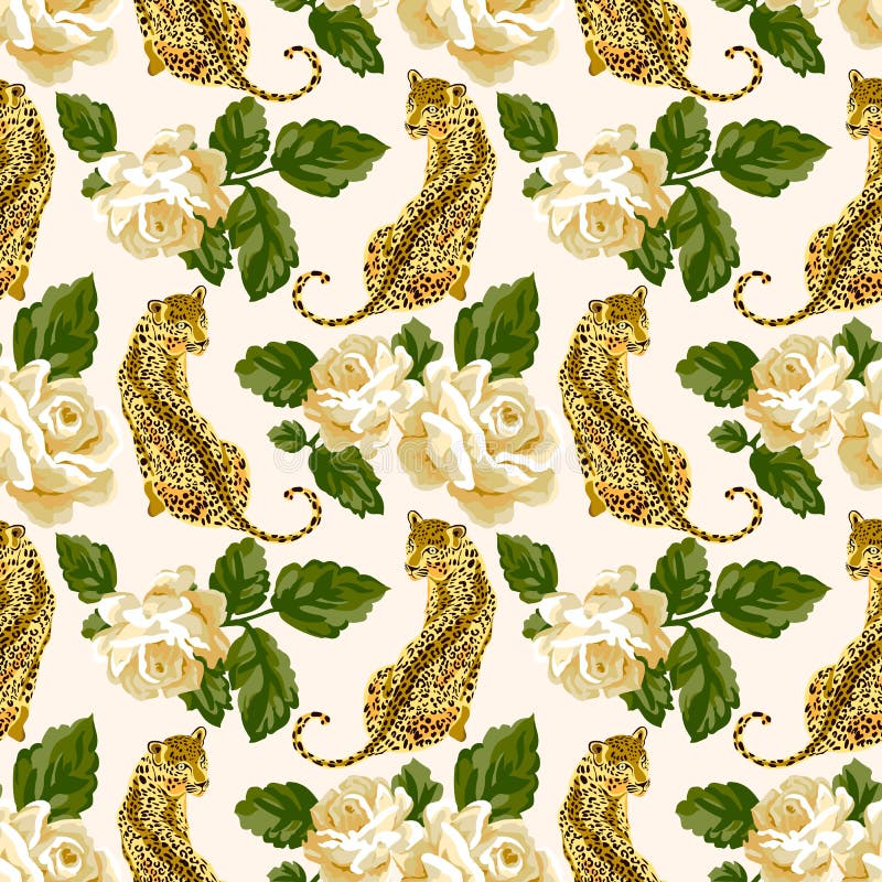 Seamless Pattern with Roses and Leopard Stock Vector - Illustration of ...
