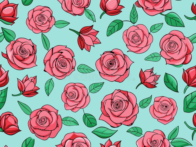 Seamless Pattern of Roses Scattered on Soft Pastel Blue Background, Wrapping Paper, Wallpaper ...