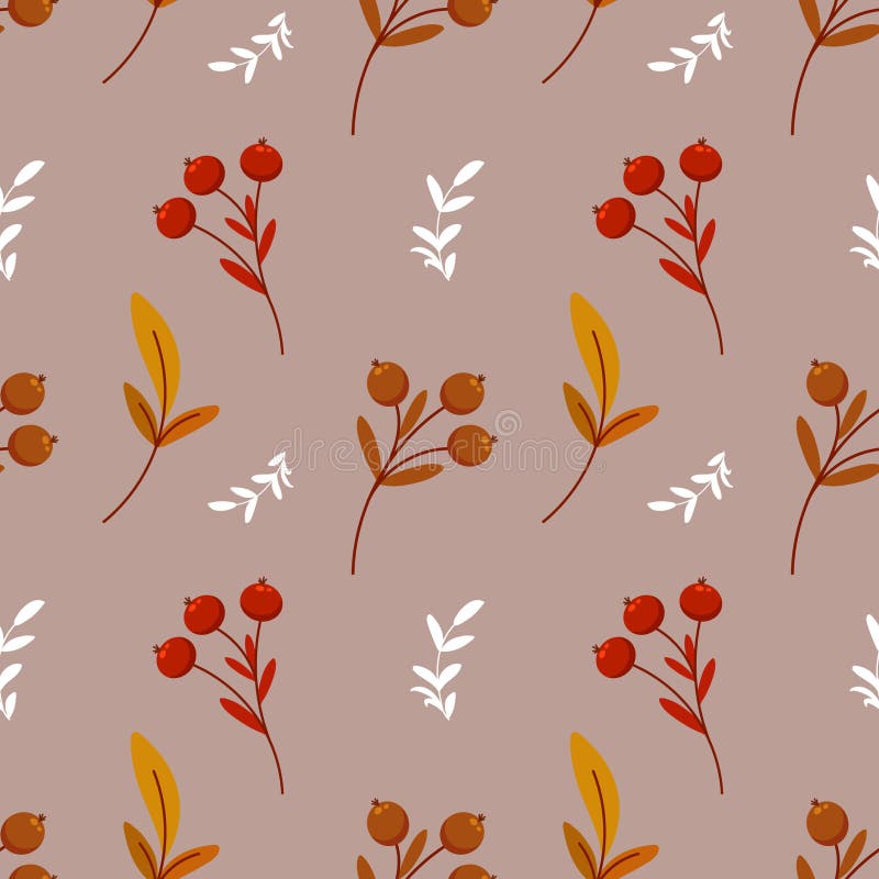 Seamless Pattern, Rowan Branches and Twigs with Leaves on a Beige ...