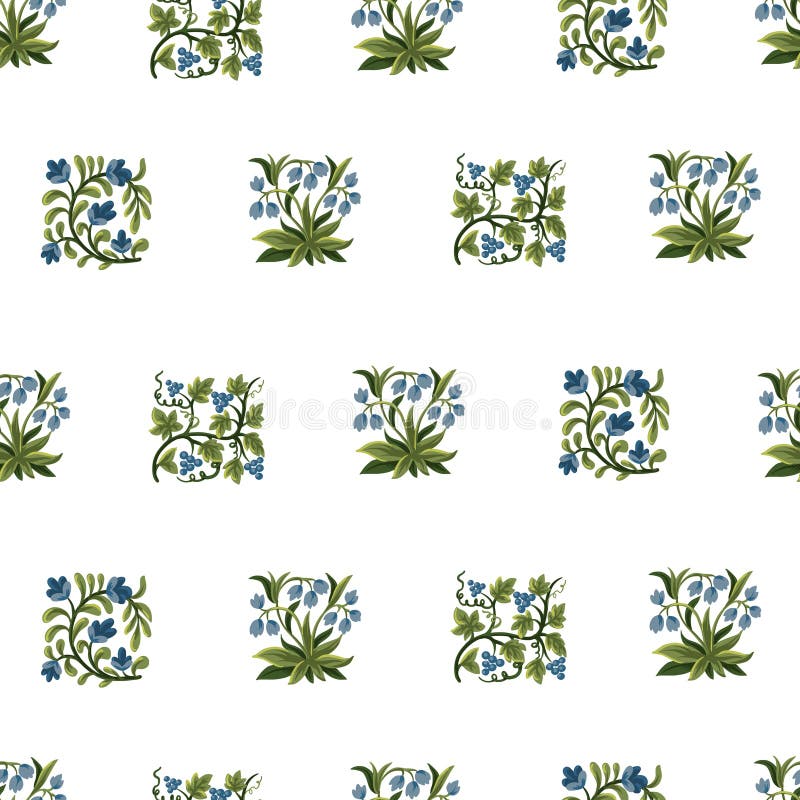 Seamless Pattern with Rustic White and Blue Simple Flowers. Vector ...