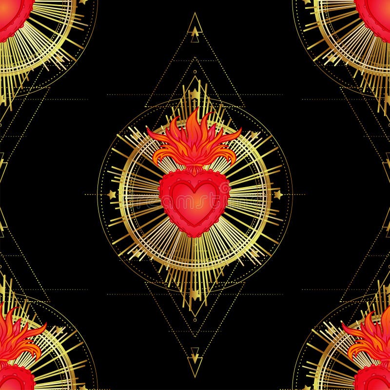 Seamless Pattern of Sacred Heart of Jesus with Rays. Vector ...
